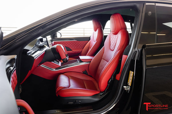 Tesla Model S Plaid Bentley Red Leather Interior with Gloss Carbon Fib ...