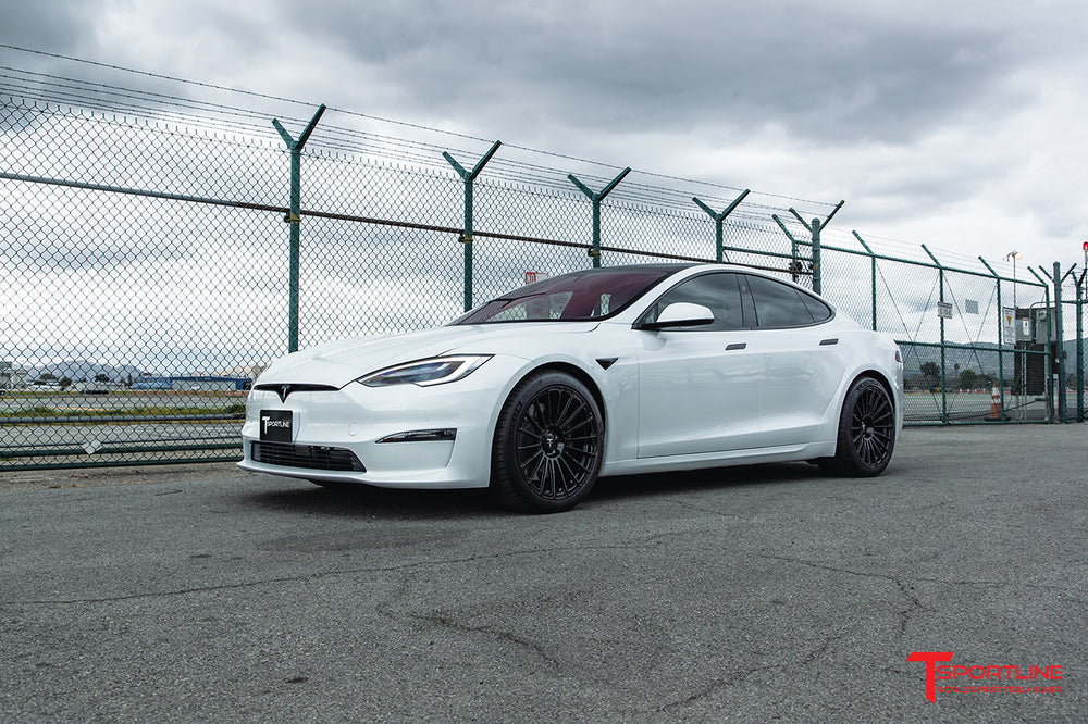 Pearl White Model S Plaid with 20" TS118 in Gloss Black by T Sportline ...