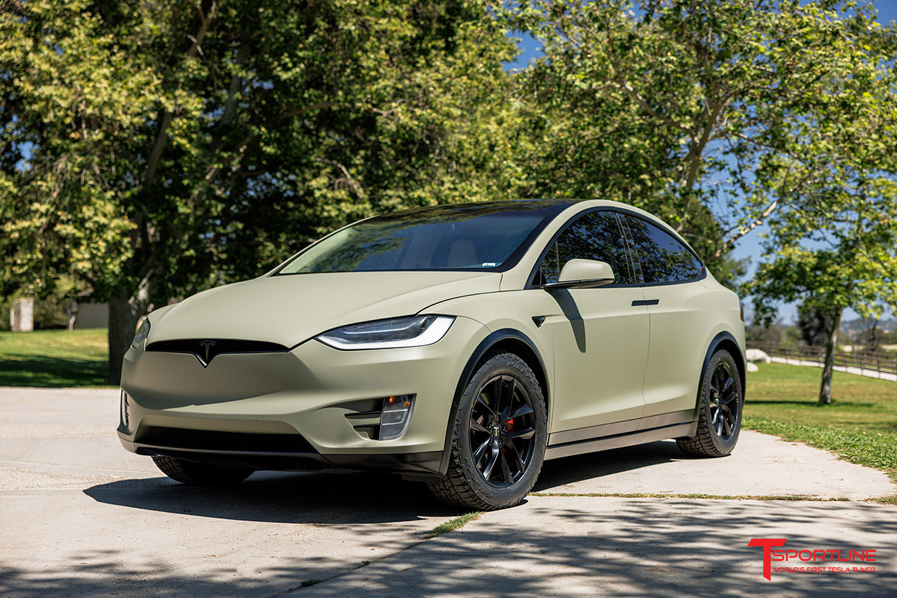 Avery Dennison Matte Khaki Green Tesla Model X with 19" TSS Wheels - T ...