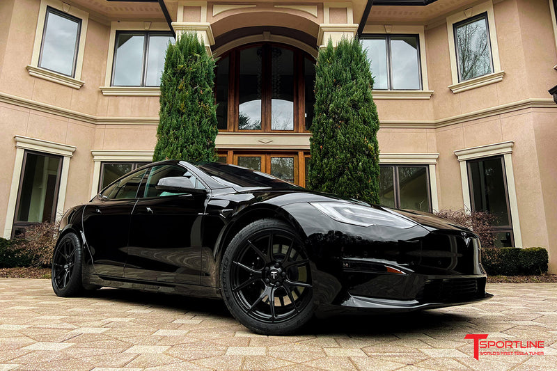 Black Tesla Model S Plaid with 20 inch TS115 Tesla Aftermarket Wheels ...