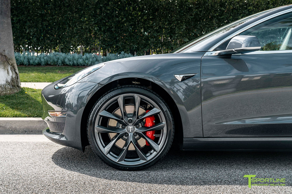 Midnight Silver Metallic Tesla Model 3 with Space Gray 20" TSS Flow Fo ...