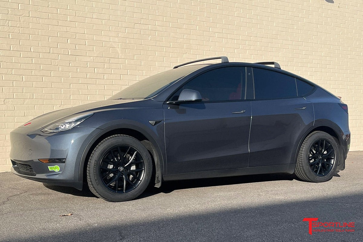 Midnight Silver Metallic Tesla Model Y with 18" TSR Wheels in Satin Bl ...
