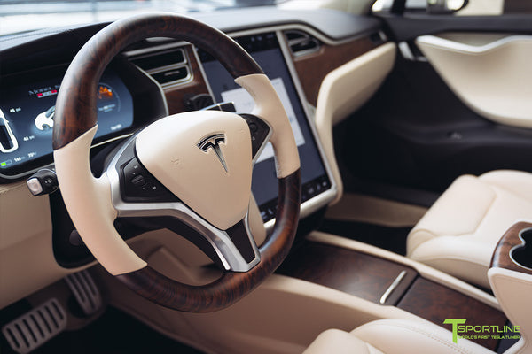 Tesla Model S in Beige Tan Cream Interior with Figured Ash Wood Steeri ...